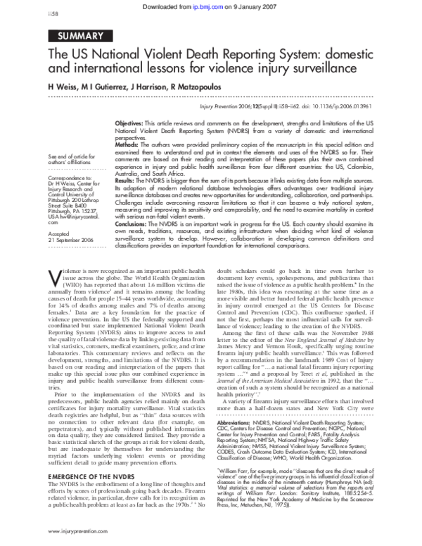 (PDF) The US National Violent Death Reporting System: domestic and ...