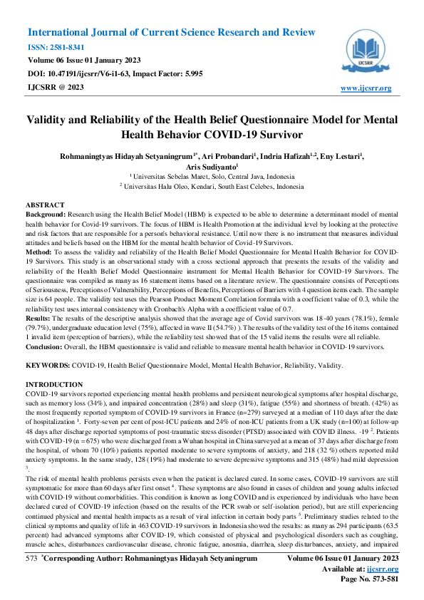 (PDF) Validity and Reliability of the Health Belief Questionnaire Model for Mental Health ...