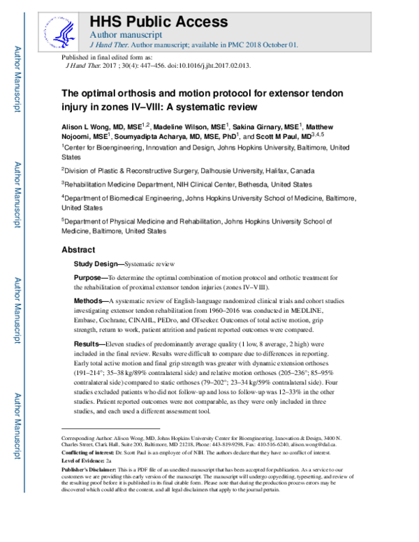 (PDF) The optimal orthosis and motion protocol for extensor tendon ...