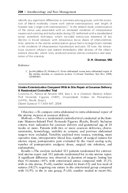 (PDF) Uterine Exteriorization Compared With in Situ Repair at Cesarean ...