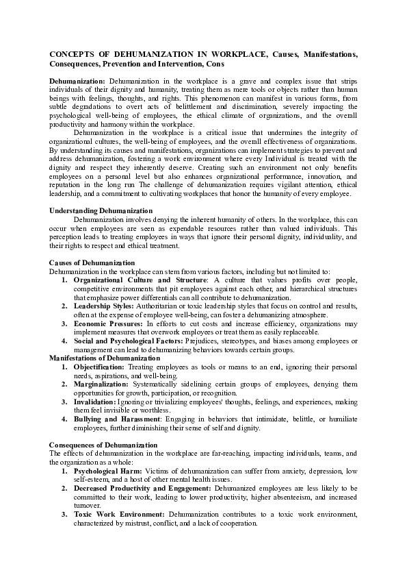 (DOC) CONCEPTS OF DEHUMANIZATION IN WORKPLACE, Causes, Manifestations ...