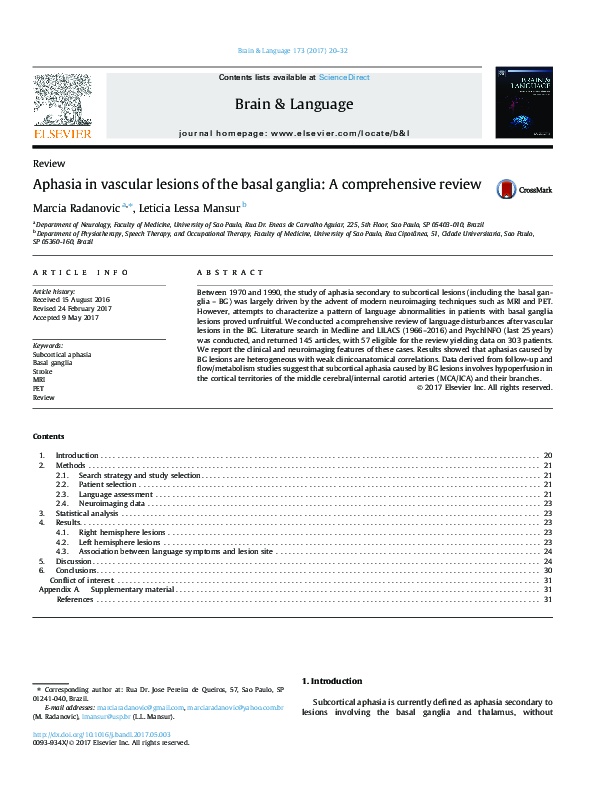 (PDF) Aphasia in vascular lesions of the basal ganglia: A comprehensive ...