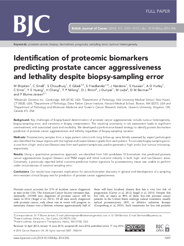 (PDF) Identification of proteomic biomarkers predicting prostate cancer aggressiveness and ...