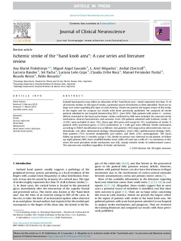 (PDF) Ischemic stroke of the “hand knob area”: A case series and ...