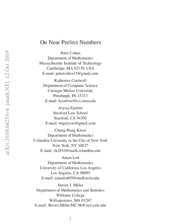 (PDF) On Near Perfect Numbers | Steven J. Miller - Academia.edu
