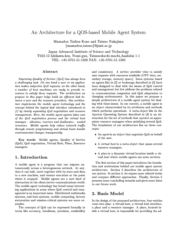 (PDF) An architecture for a QOS-based mobile agent system | Mamadou Kone - Academia.edu