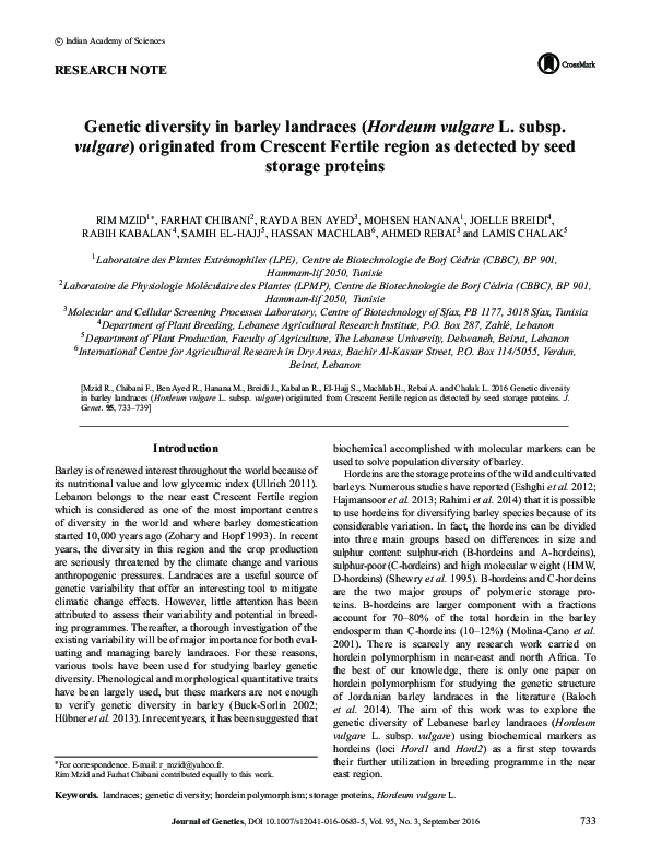 (PDF) Genetic diversity in barley landraces (Hordeum vulgare L. subsp. vulgare) originated from ...