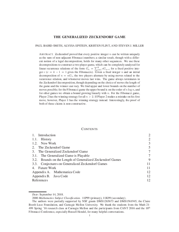 (PDF) The Generalized Zeckendorf Game