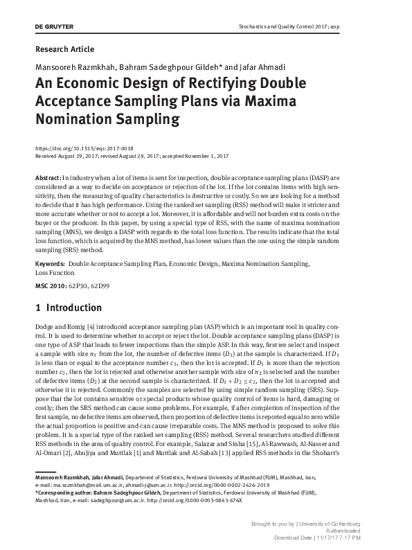 (PDF) An Economic Design of Rectifying Double Acceptance Sampling Plans ...