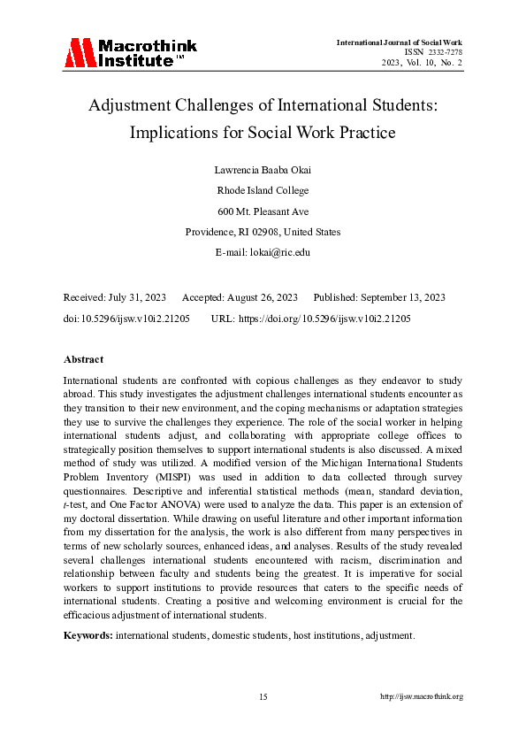 (PDF) Adjustment Challenges of International Students: Implications for ...