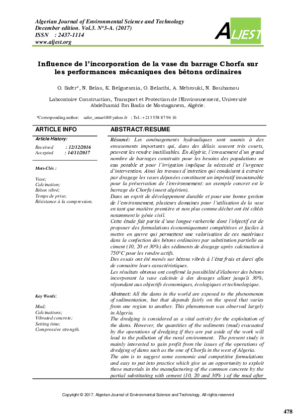 (PDF) Influence de l’incorporation de la vase du barrage Chorfa sur les ...