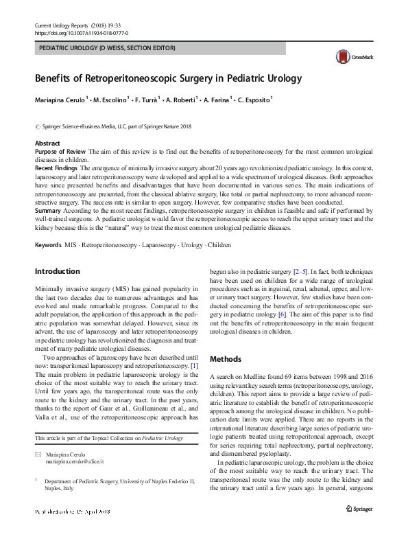 (PDF) Benefits of Retroperitoneoscopic Surgery in Pediatric Urology