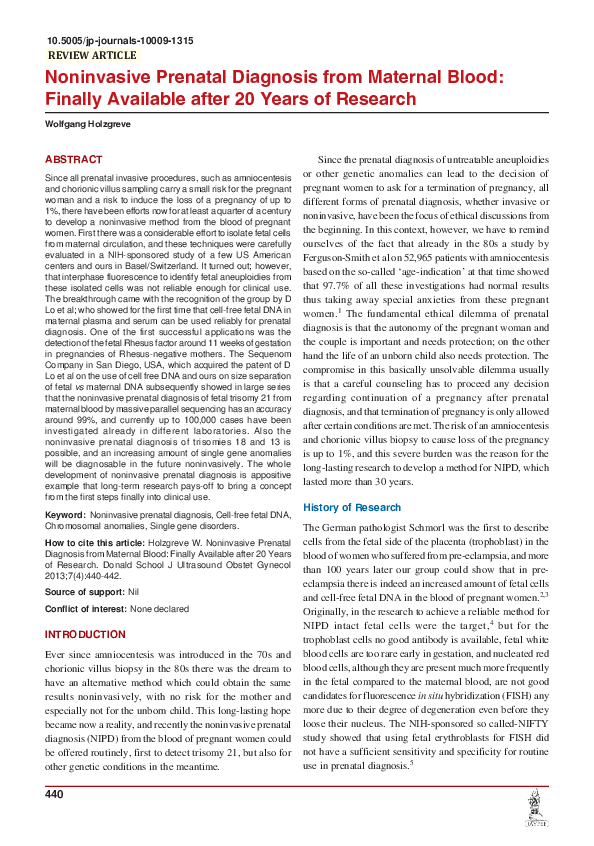 (PDF) Noninvasive Prenatal Diagnosis from Maternal Blood: Finally ...