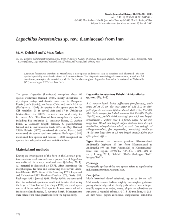 (PDF) Lagochilus lorestanicussp. nov. (Lamiaceae) from Iran