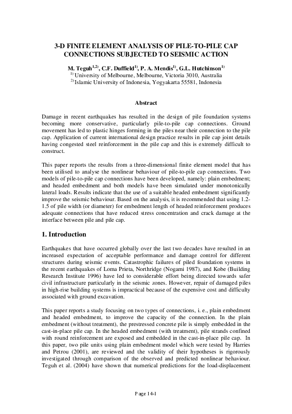 (PDF) 3-D Finite Element Analysis of Pile-To-Pile Cap Connections Subjected to Seismic Action