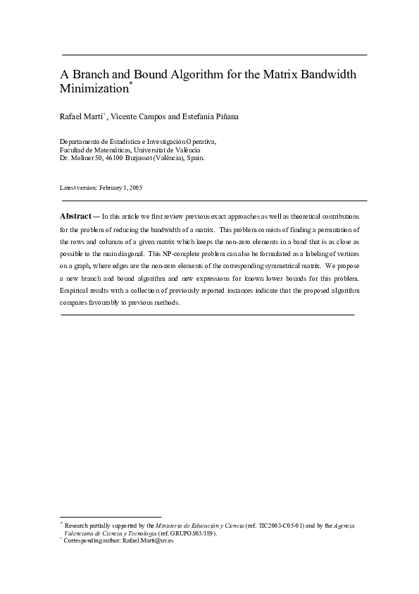Pdf A Branch And Bound Algorithm For The Matrix Bandwidth Minimization Vicente Campos