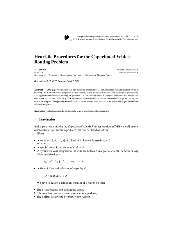 (PDF) Heuristic Procedures for the Capacitated Vehicle Routing Problem