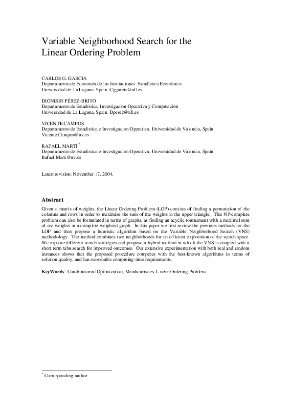 Pdf Variable Neighborhood Search For The Linear Ordering Problem Vicente Campos