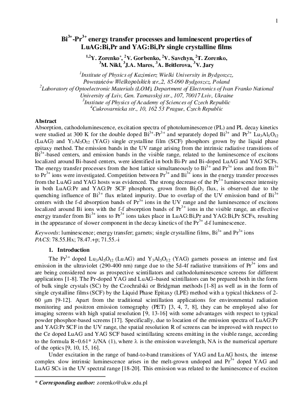 (PDF) Bi3+–Pr3+ energy transfer processes and luminescent properties of ...