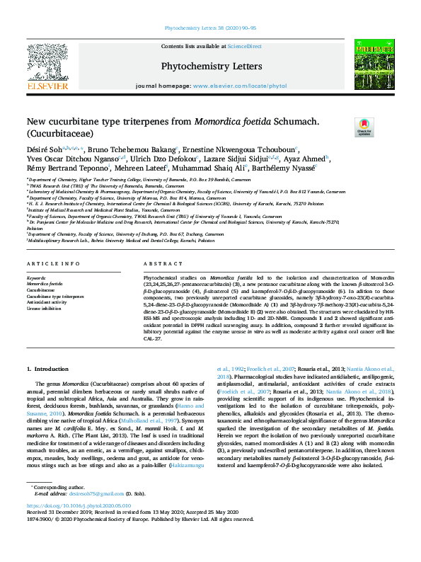 (PDF) New cucurbitane type triterpenes from Momordica foetida Schumach ...