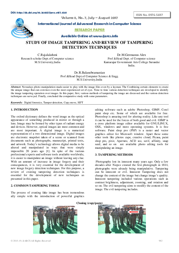 (PDF) Study of Image Tampering and Review of Tampering Detection Techniques