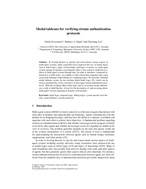 (PDF) Modal tableaux for verifying stream authentication protocols