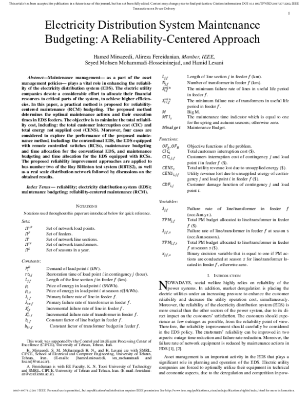 (PDF) Electricity Distribution System Maintenance Budgeting: A Reliability-Centered Approach