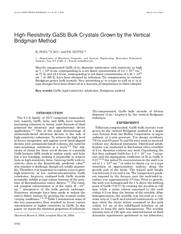 (PDF) High-resistivity GaSb bulk crystals grown by the vertical ...
