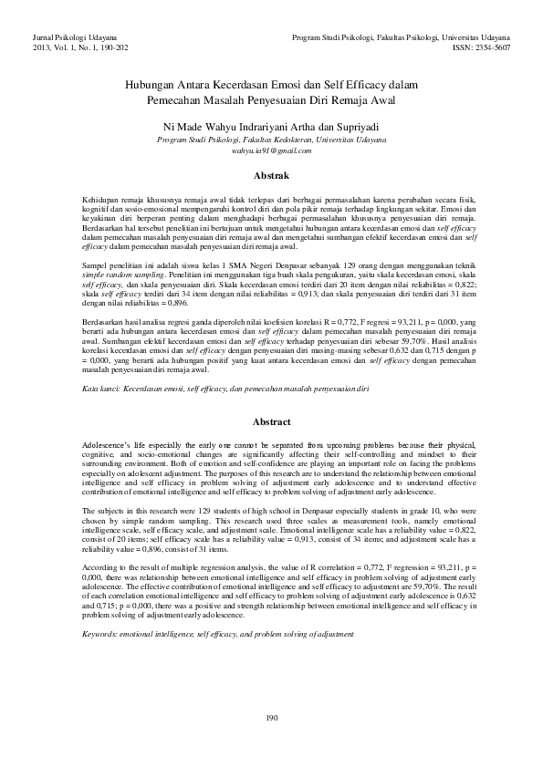 (PDF) Hubungan Antara Kecerdasan Emosi dan Self Efficacy dalam Pemecahan Masalah Penyesuaian ...