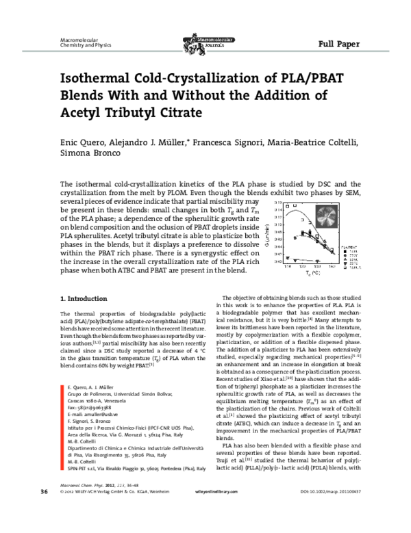 (PDF) Isothermal Cold‐Crystallization of PLA/PBAT Blends With and ...