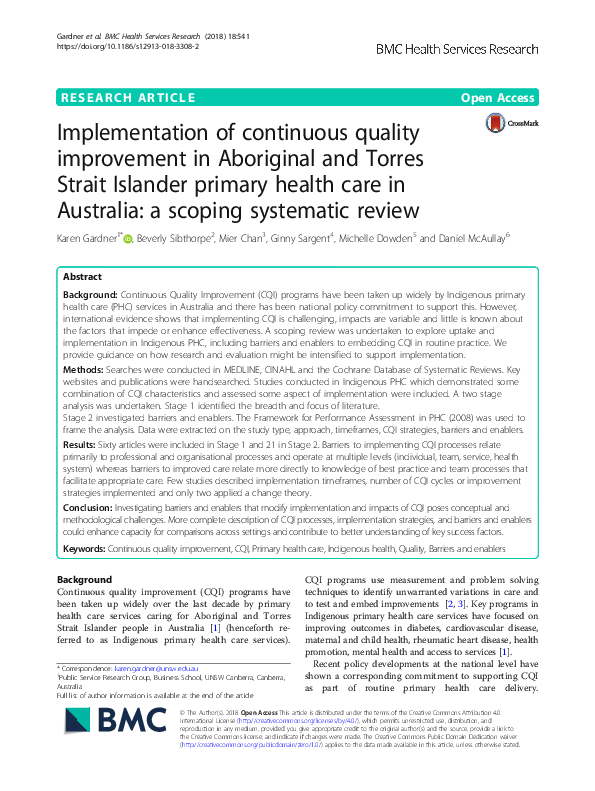 (PDF) Implementation of continuous quality improvement in Aboriginal and Torres Strait Islander ...
