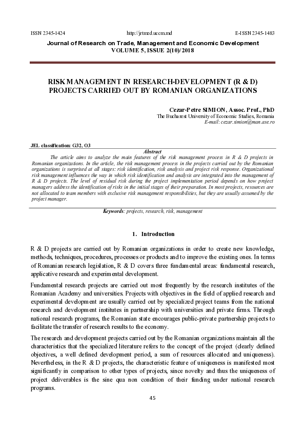 (PDF) Risk Management in Research-Development (R & D) Projects Carried ...