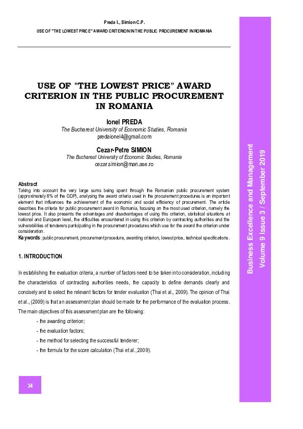 (PDF) Use of "The Lowest Price" Award Criterion in the Public ...