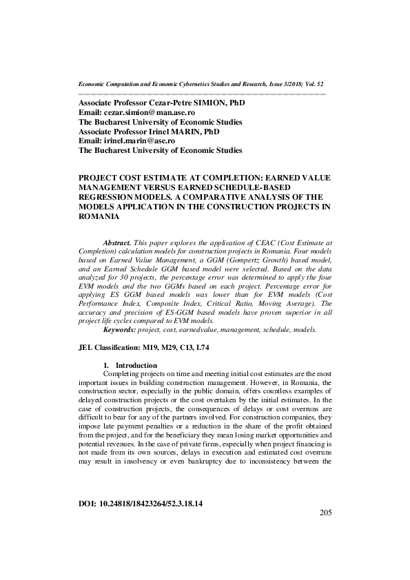 (PDF) Project Cost Estimate at Completion: Earned Value Management versus Earned Schedule-Based ...