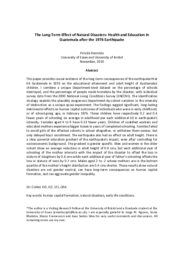 (PDF) The Long-Term Effect of Natural Disasters: Health and Education ...
