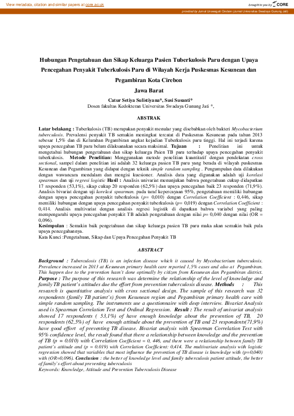 (PDF) Hubungan Pengetahuan dan Sikap Keluarga Pasien Tuberkulosis Paru dengan Upaya Pencegahan ...