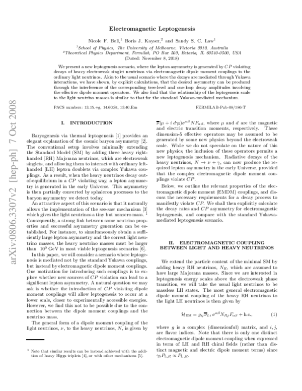 (PDF) Electromagnetic leptogenesis | Nicole Bell - Academia.edu