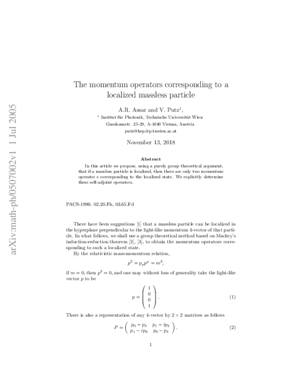 (PDF) The momentum operators corresponding to a localized massless ...