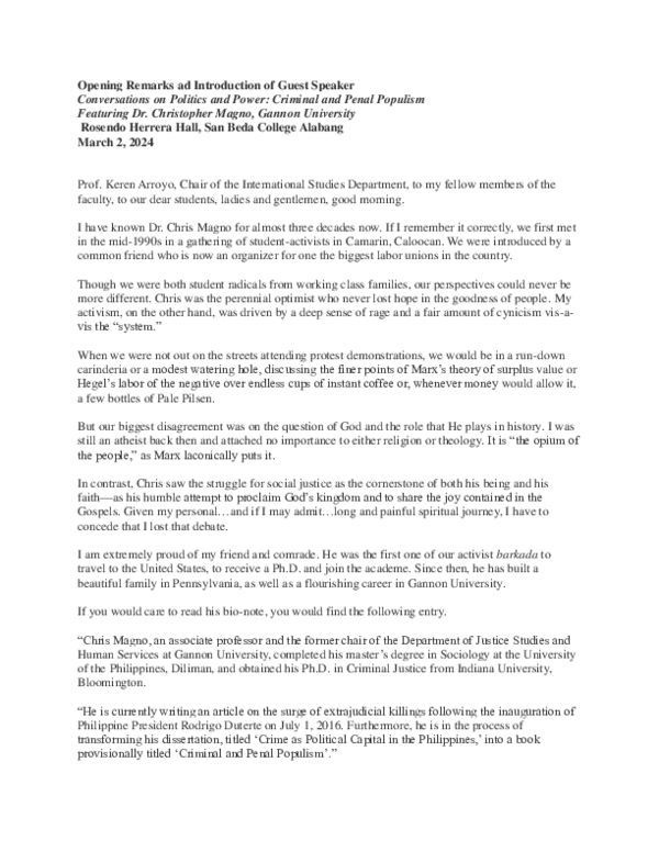(PDF) Opening Remarks and Introduction of Guest Speaker, Dr. Chris Magno