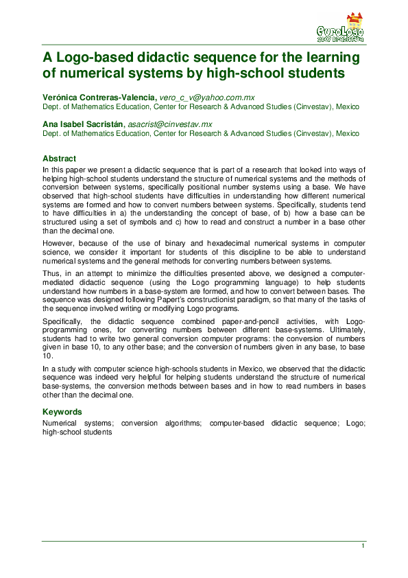 (PDF) A Logo-based didactic sequence for the learning of numerical systems by high-school students