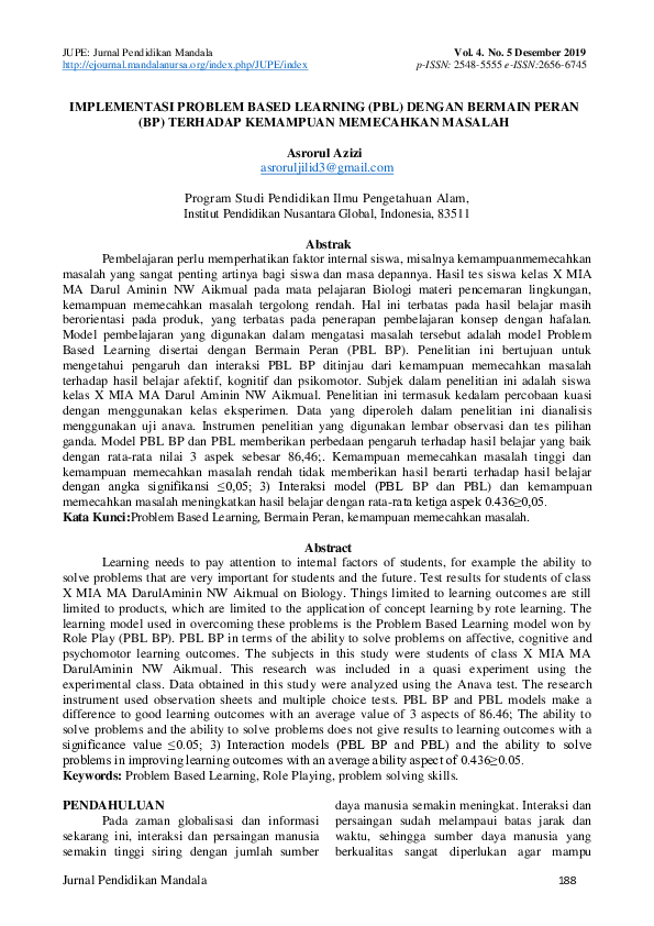 (PDF) Implementasi Problem Based Learning (PBL) Dengan Bermain Peran (BP) Terhadap Kemampuan ...