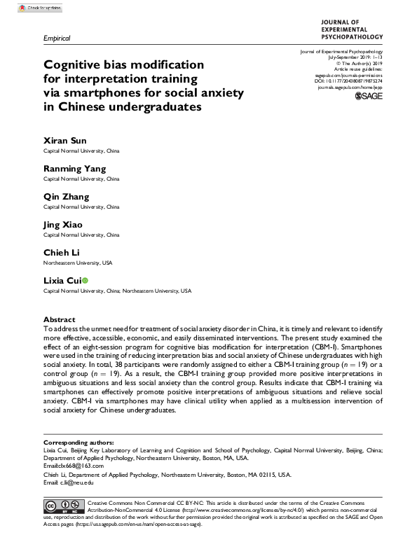 (PDF) Cognitive bias modification for interpretation training via smartphones for social anxiety ...