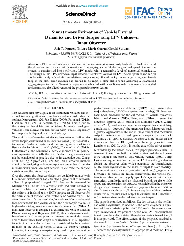 Pdf Simultaneous Estimation Of Vehicle Lateral Dynamics And Driver Torque Using Lpv Unknown