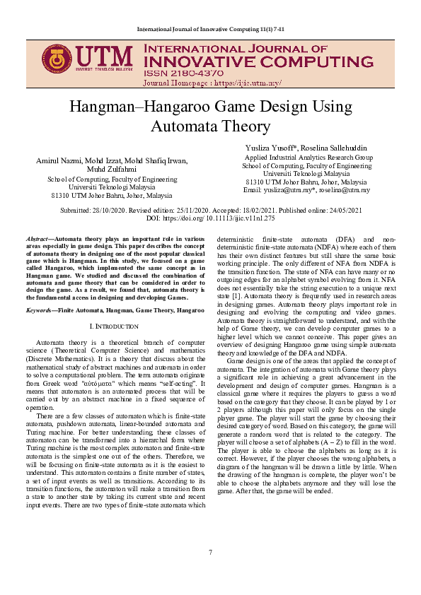 (PDF) Hangman–Hangaroo Game Design Using Automata Theory | Amirul Nazmi ...