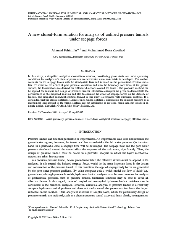 (PDF) A new closed‐form solution for analysis of unlined pressure tunnels under seepage forces