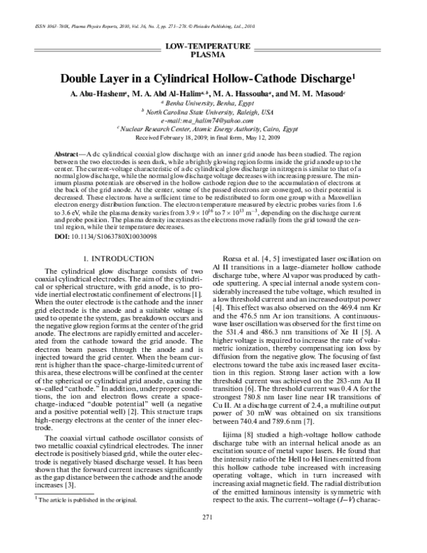 (PDF) Double layer in a cylindrical hollow-cathode discharge | Ameen ...
