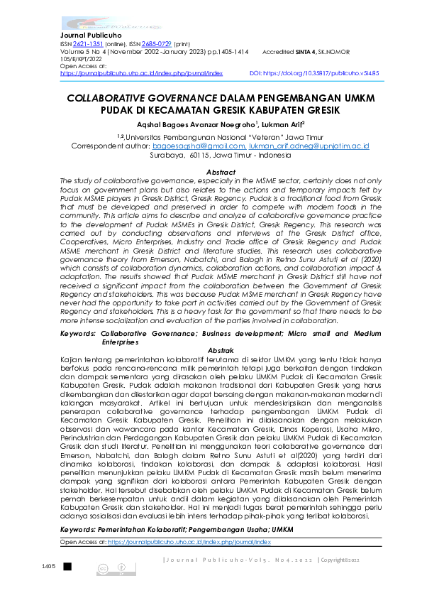 (PDF) Collaborative Governance Dalam Pengembangan Umkm Pudak DI Kecamatan Gresik Kabupaten Gresik