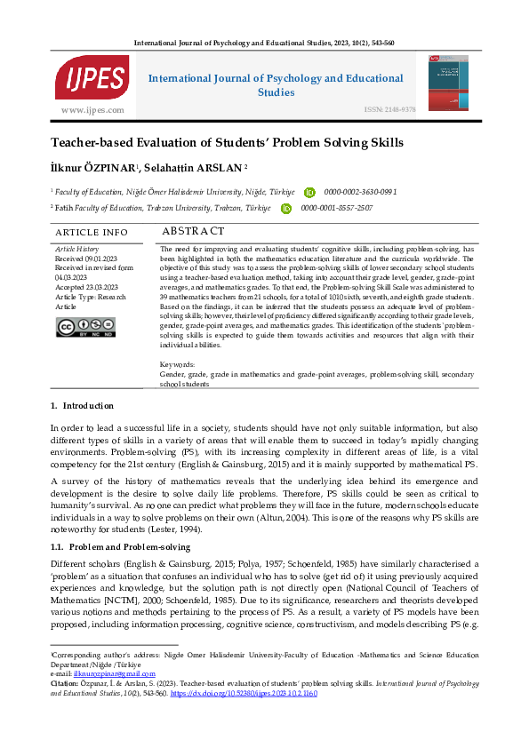 (PDF) Teacher-based Evaluation of Students’ Problem Solving Skills
