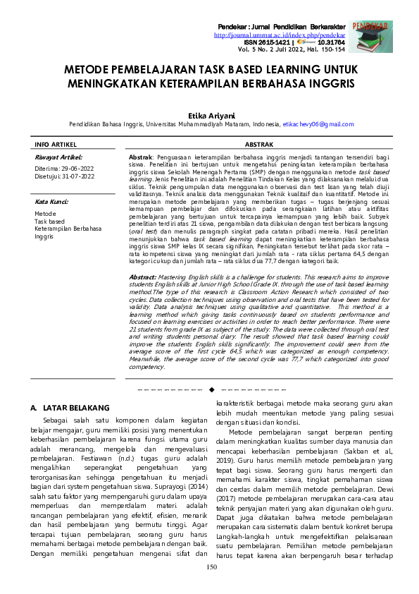 (PDF) Metode Pembelajaran Task Based Learning Untuk Meningkatkan Keterampilan Berbahasa Inggris