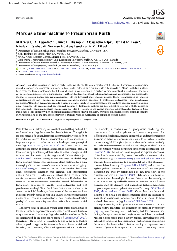 (PDF) Mars as a time machine to Precambrian Earth